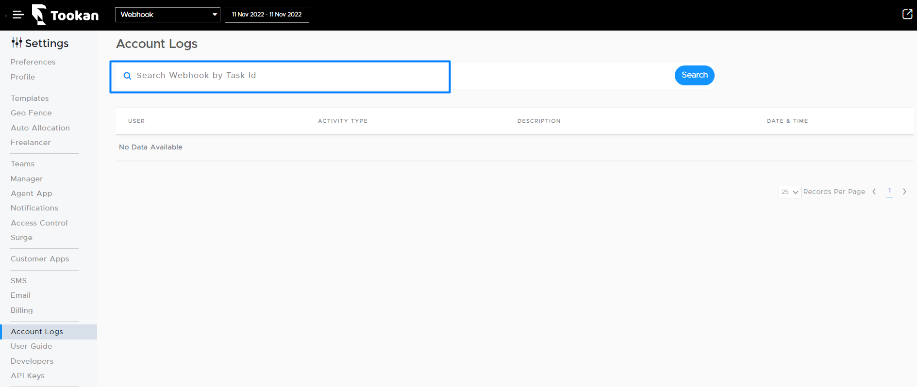 Search Webhook logs by Task ID on Tookan